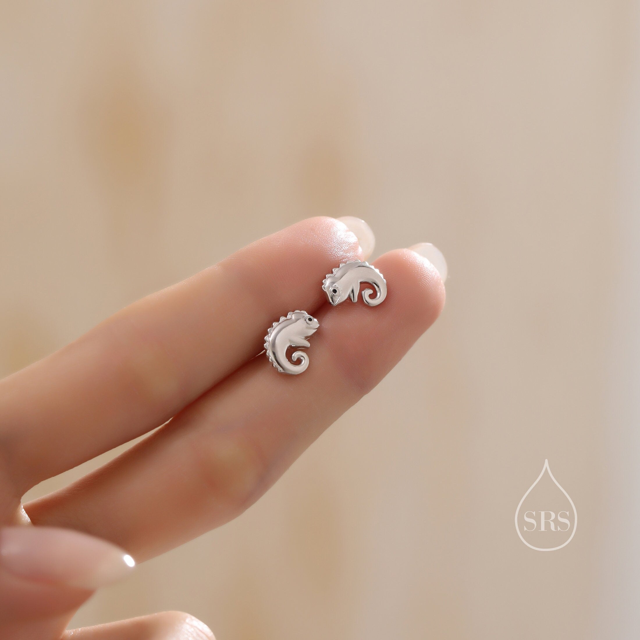 Chameleon Stud Earrings in Sterling Silver, Lizard Stud, Cute Animal E – Silver Rain Silver