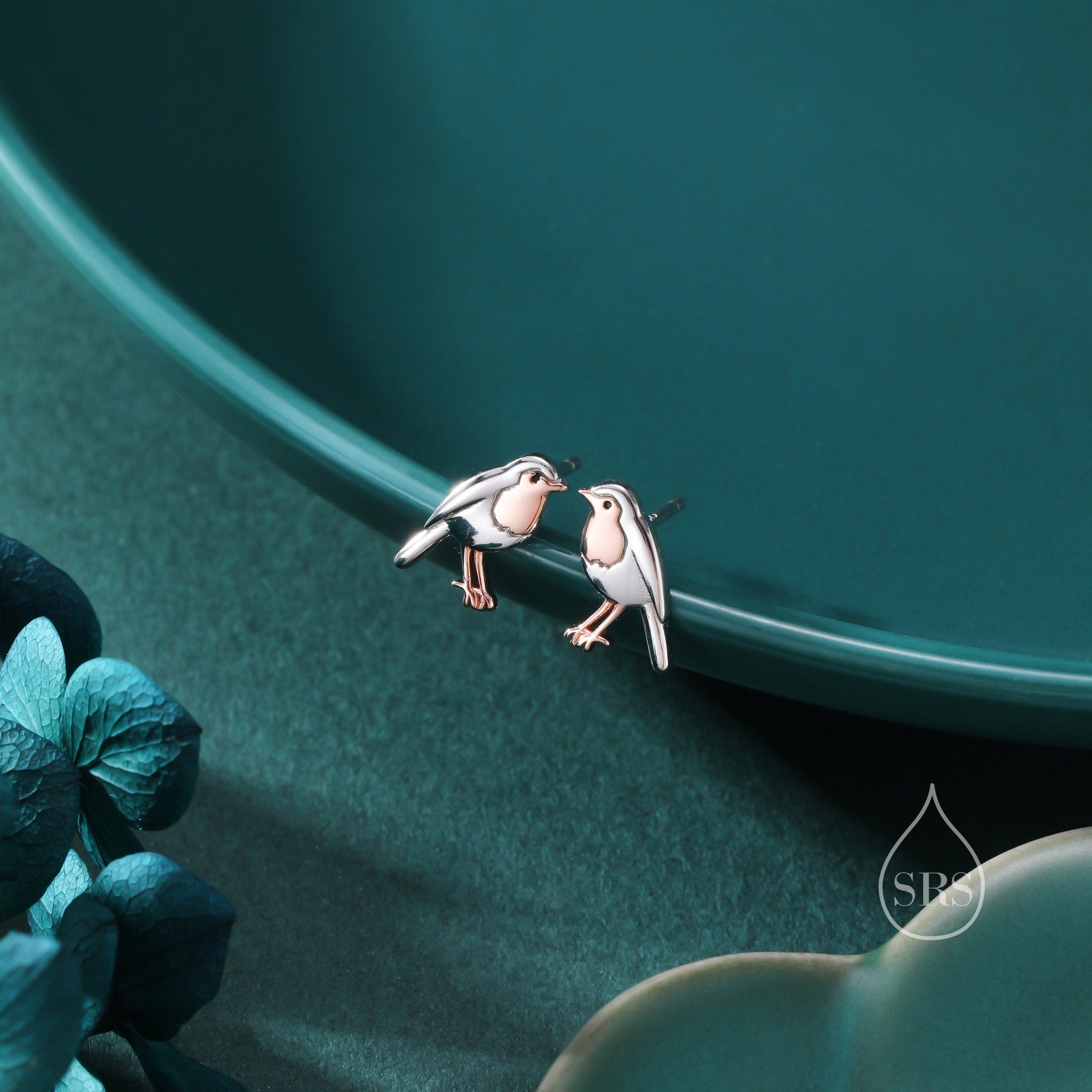 Dainty Robin Bird Stud Earrings in Sterling Silver, Partial Rose Gold ...