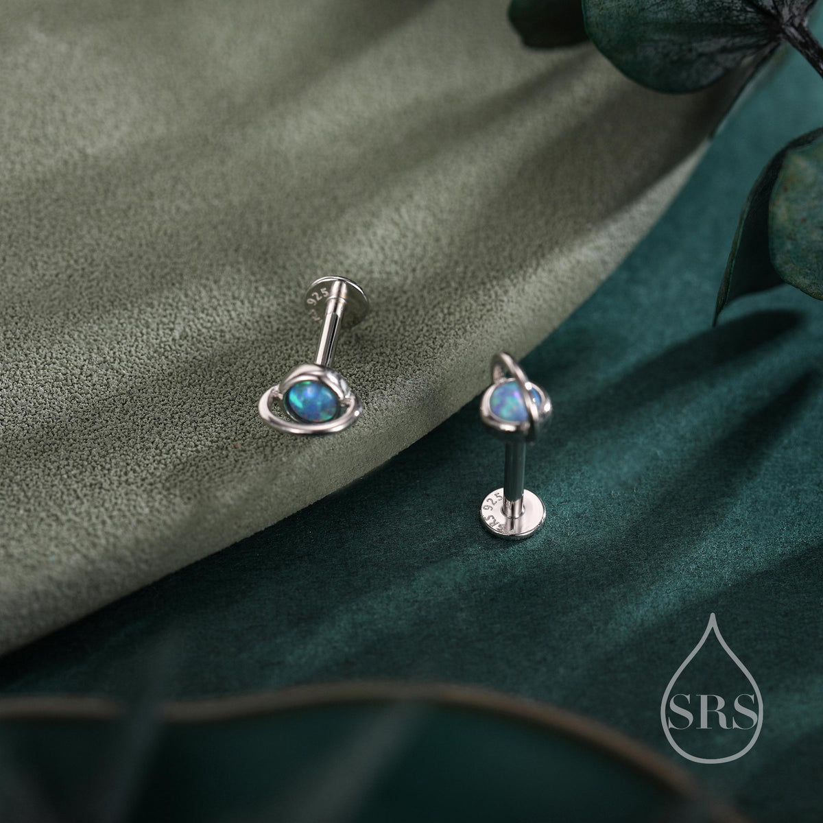 Tiny Blue/White Opal Planet 16G Internally Threaded Flat Back Earrings ...