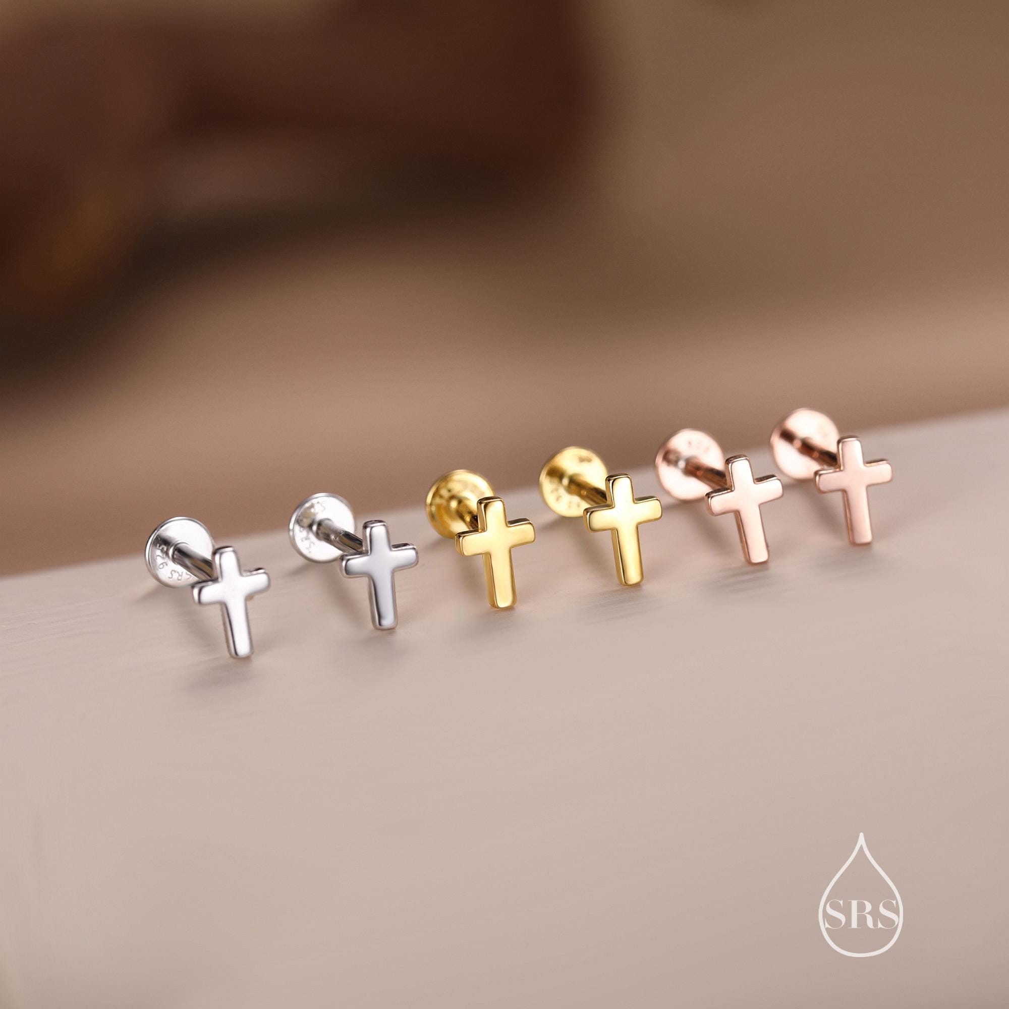 Tiny Cross Internally Threaded Flat Back / Screw Back/ Stud Earrings i ...