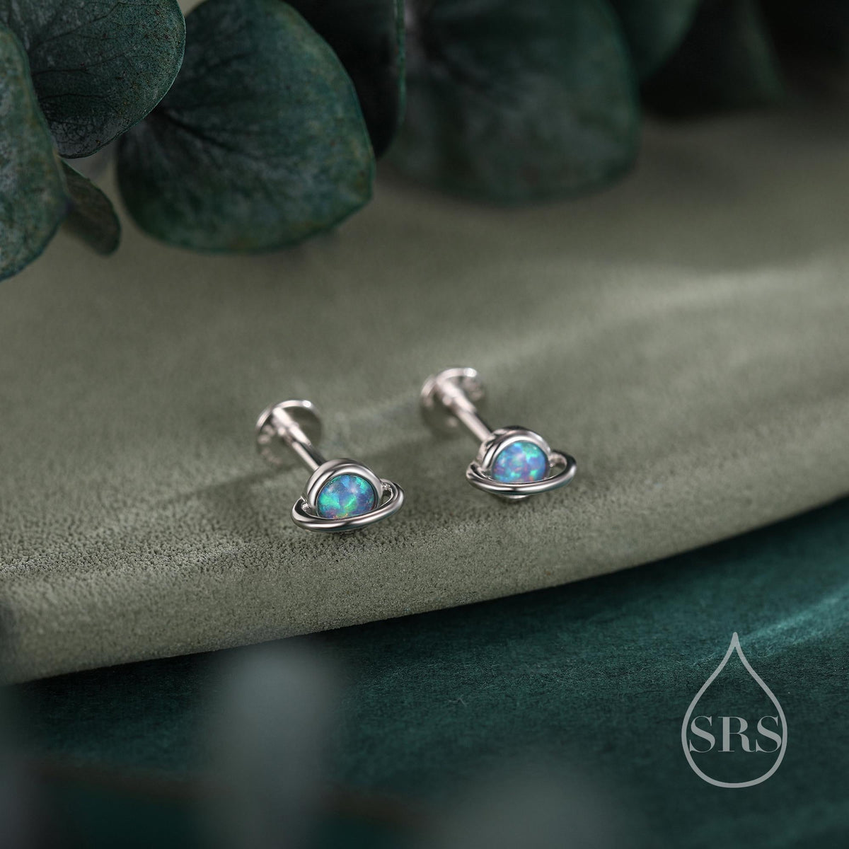 Tiny Blue/White Opal Planet 16G Internally Threaded Flat Back Earrings ...