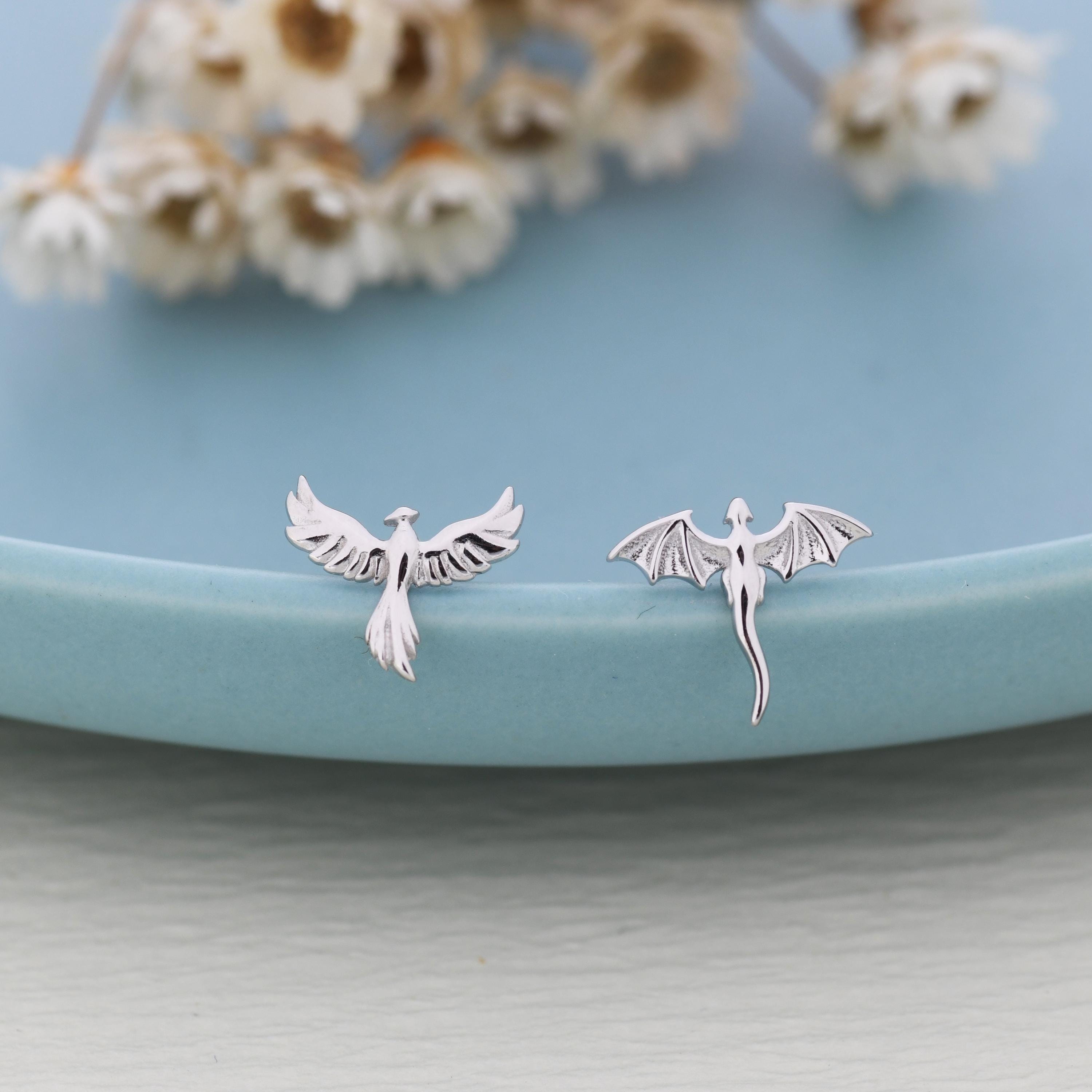 Extra Tiny Mismatched Dragon and Phoenix Stud Earrings in Sterling Sil ...