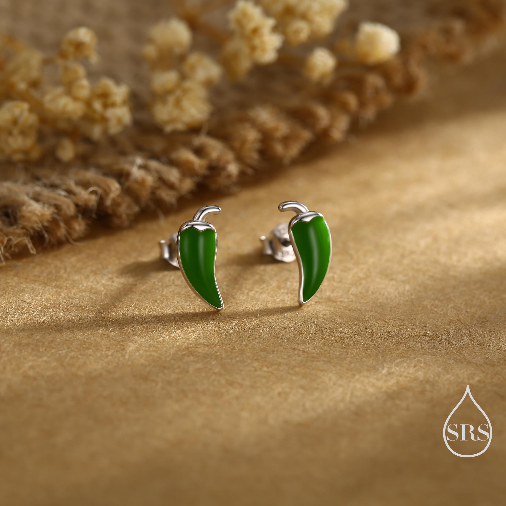 Enamel Chilli Pepper Stud Earrings in Sterling Silver, Green Chilli or ...