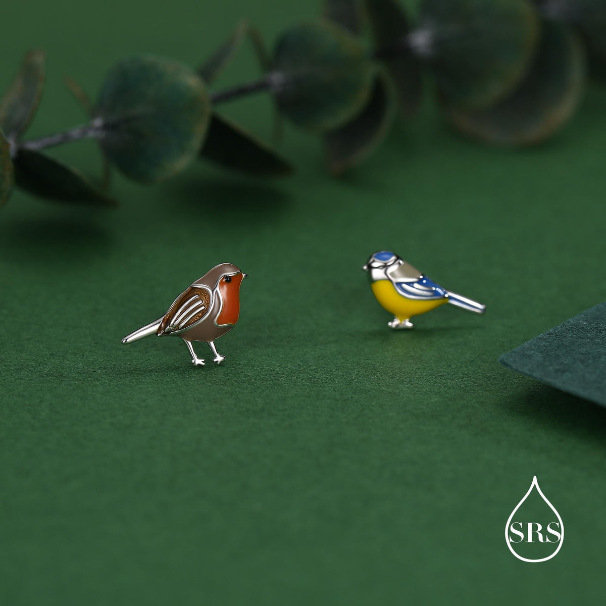 Mismatched Robin Bird and Blue Tit Bird Stud Earrings in Sterling Silv ...