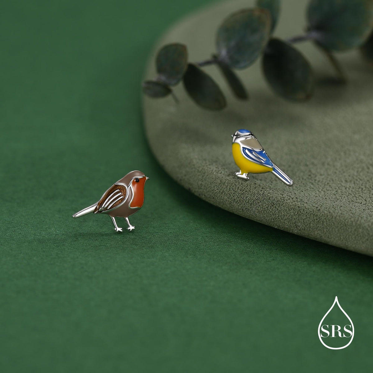 Mismatched Robin Bird and Blue Tit Bird Stud Earrings in Sterling Silv ...